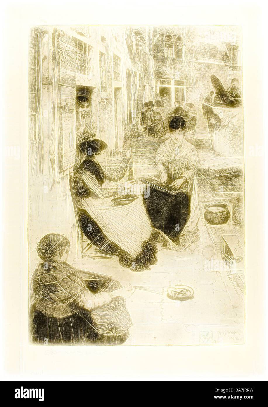 A scene depicting three women engaged in various crafts, surrounded by ...