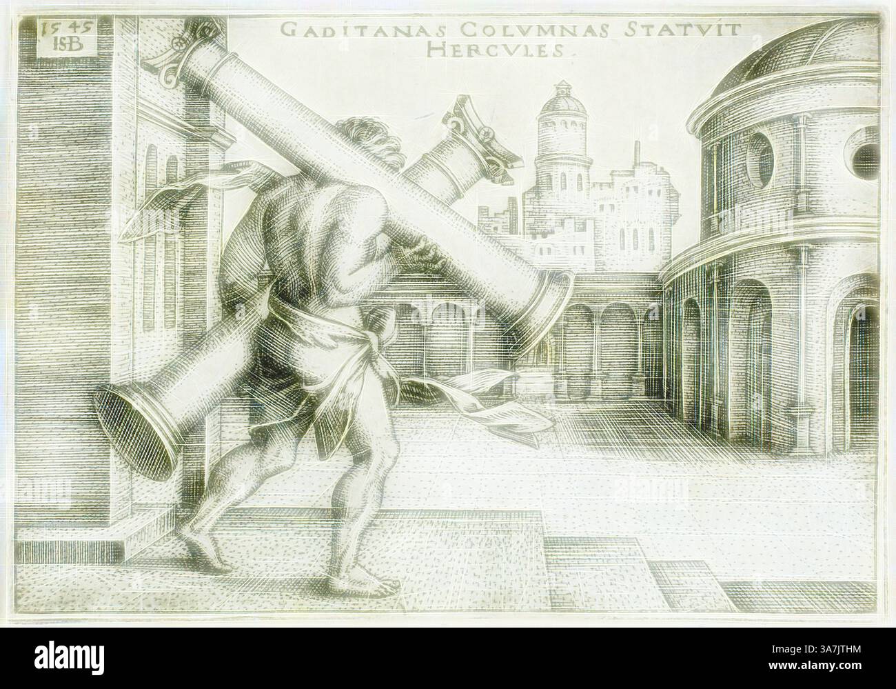 A muscular figure, resembling Hercules, carries two massive columns on ...