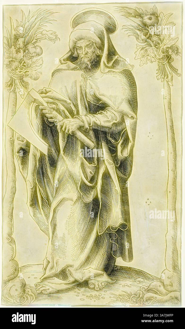 A wise figure draped in flowing robes stands among stylized trees ...