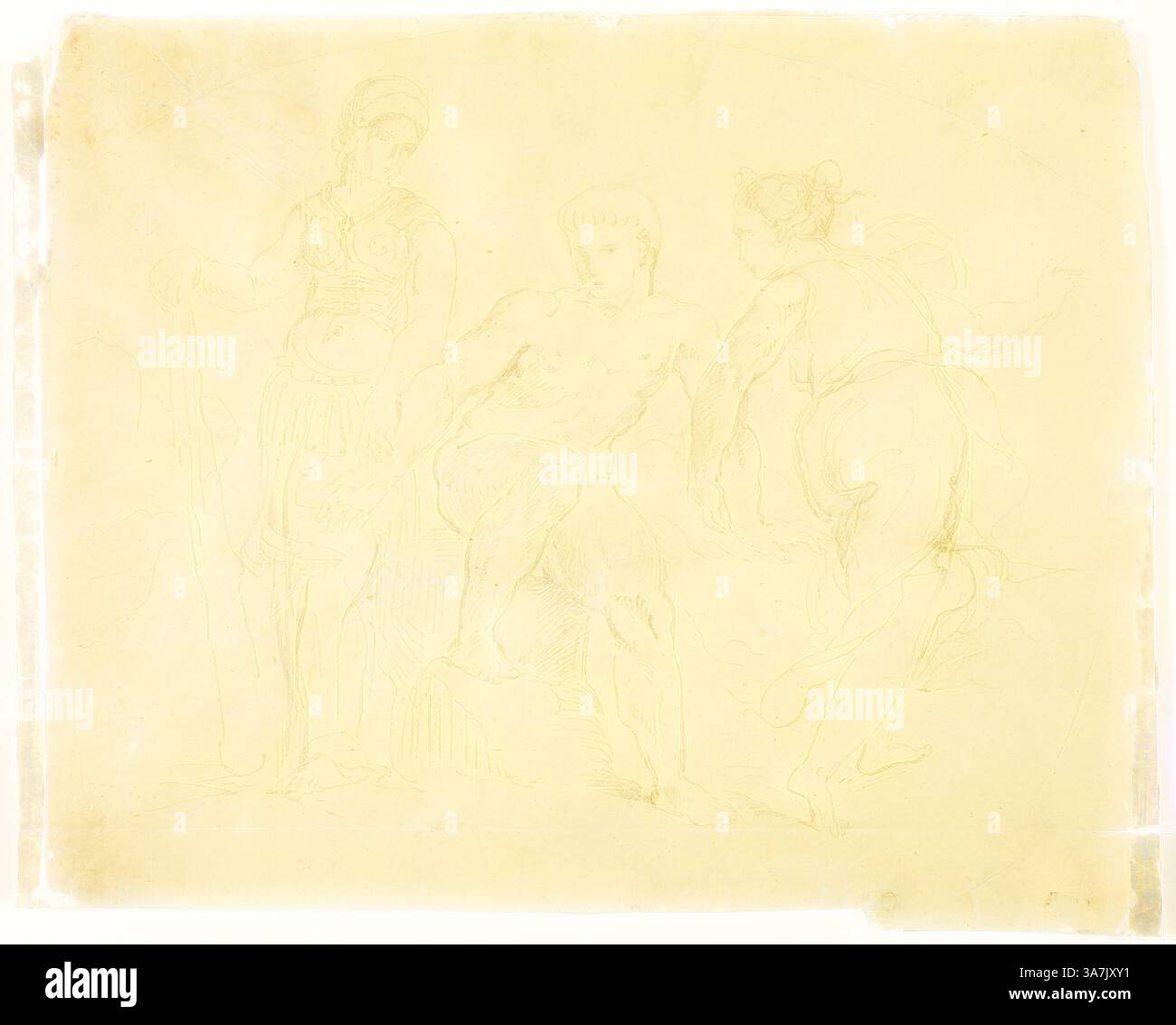 A classical scene depicting three figures in dynamic poses, possibly ...