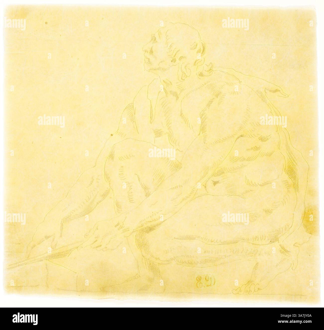 A contemplative figure is seated in a dynamic pose, with one arm ...