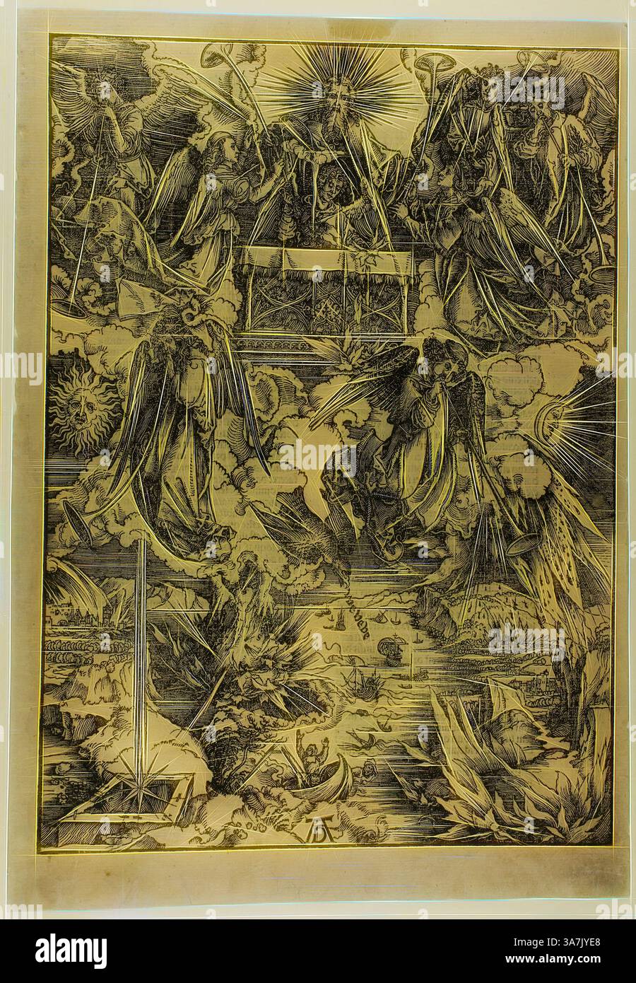 A complex scene depicting celestial beings and dramatic landscapes ...