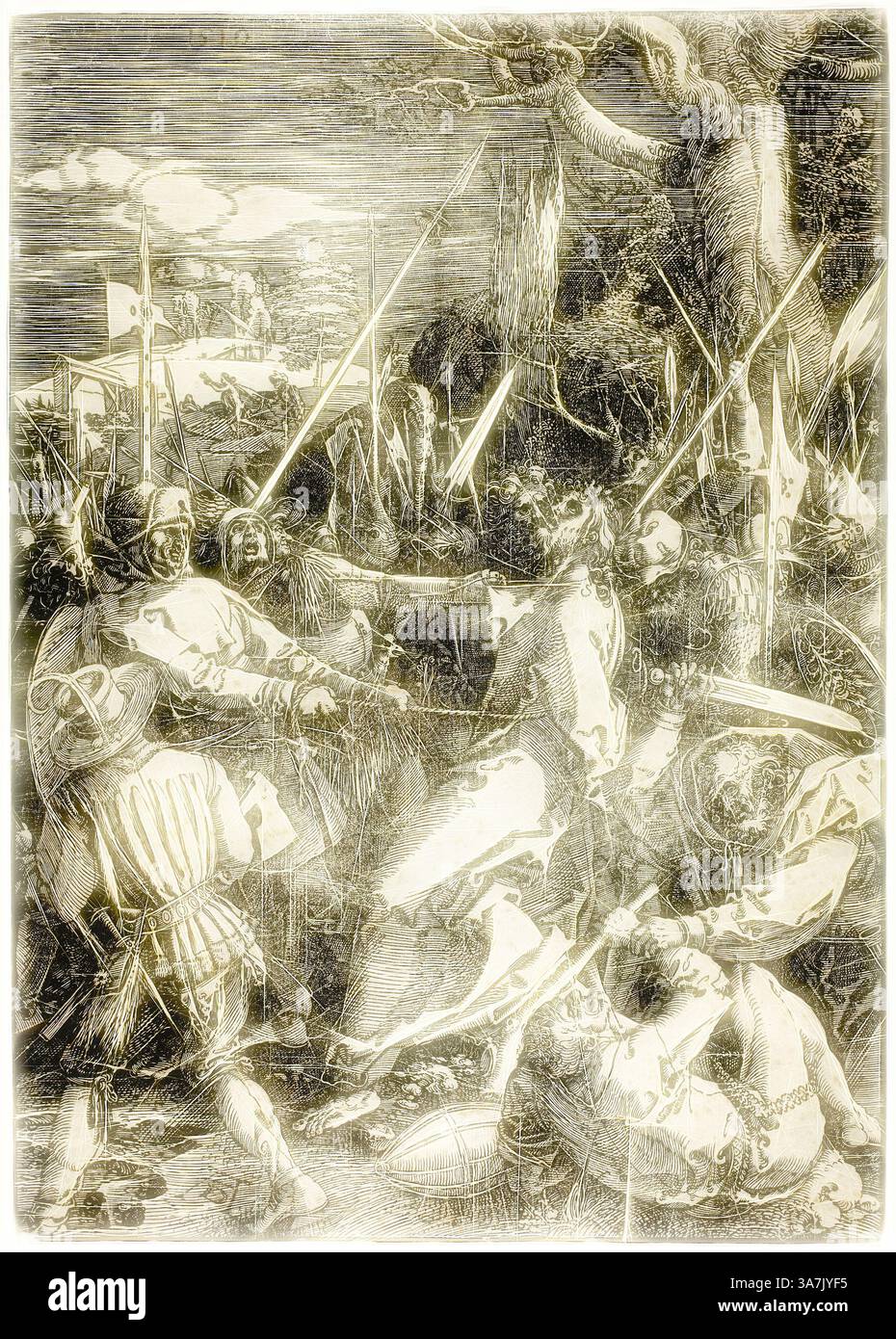 A chaotic battle scene unfolds, featuring armored figures engaging in ...