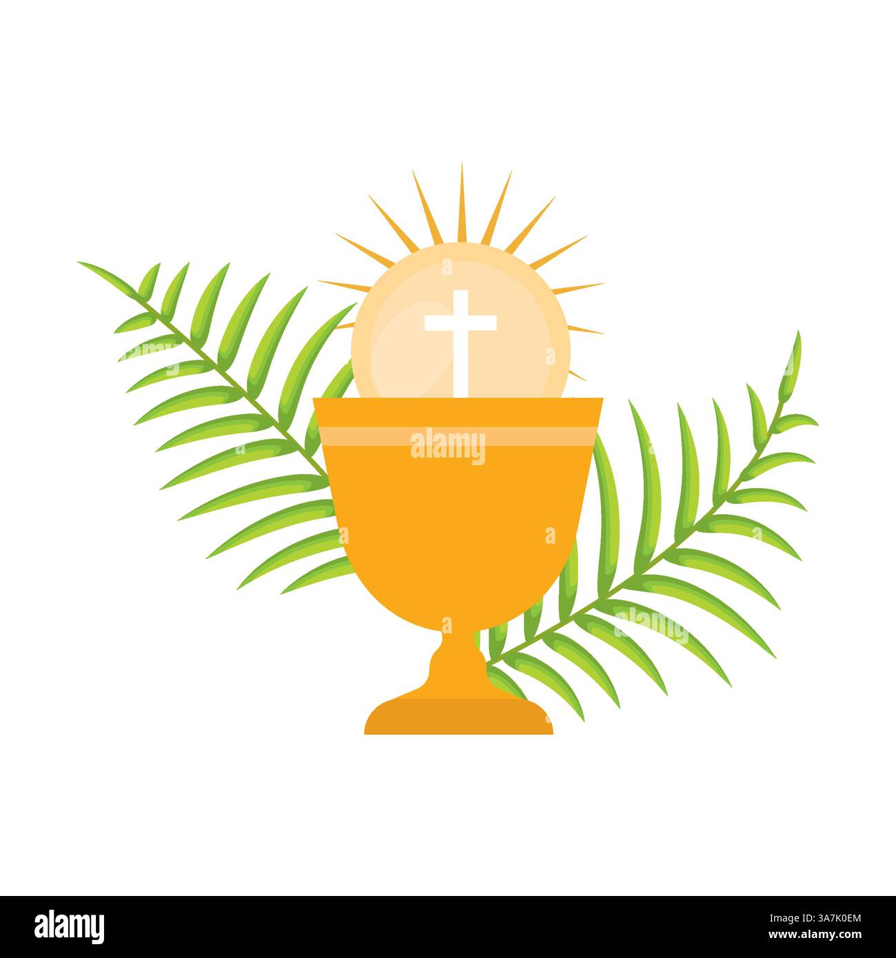 Golden Chalice with Eucharist Host and Cross Symbol with Palm Leaves ...
