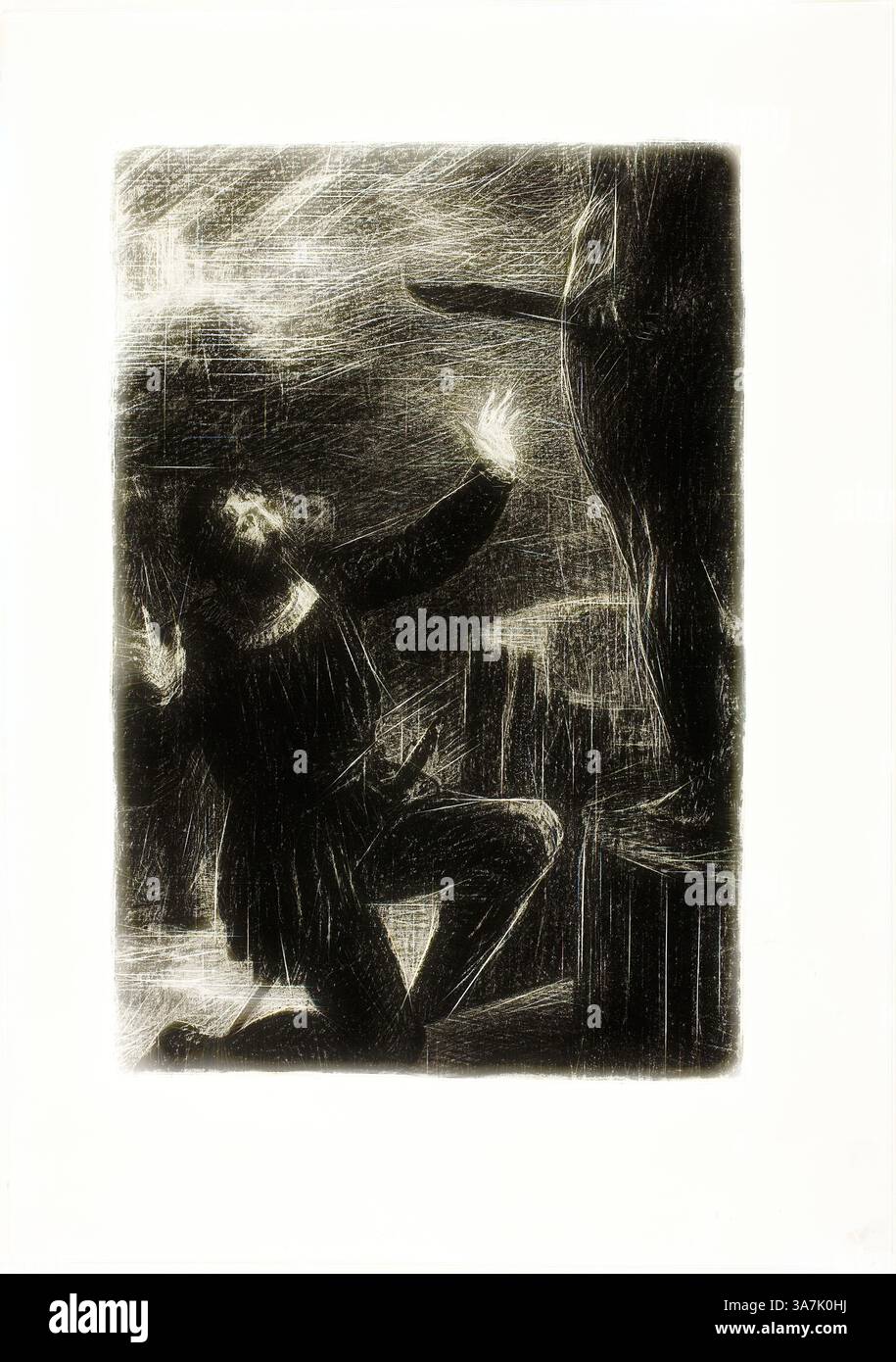 A figure kneels in reverent awe, reaching out toward a towering ...