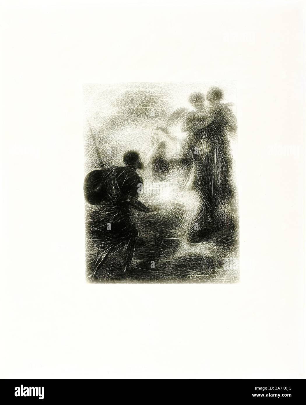 A figure kneels in a dynamic pose, facing a larger, ethereal presence ...