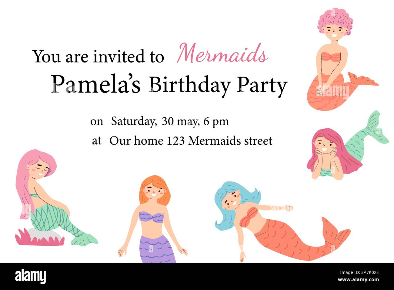 Mermaid-themed birthday party invitation with cartoon mermaids Stock Vector Image & Art - Alamy