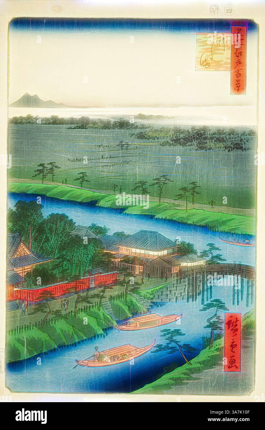 A tranquil riverside scene depicting traditional wooden boats gliding ...