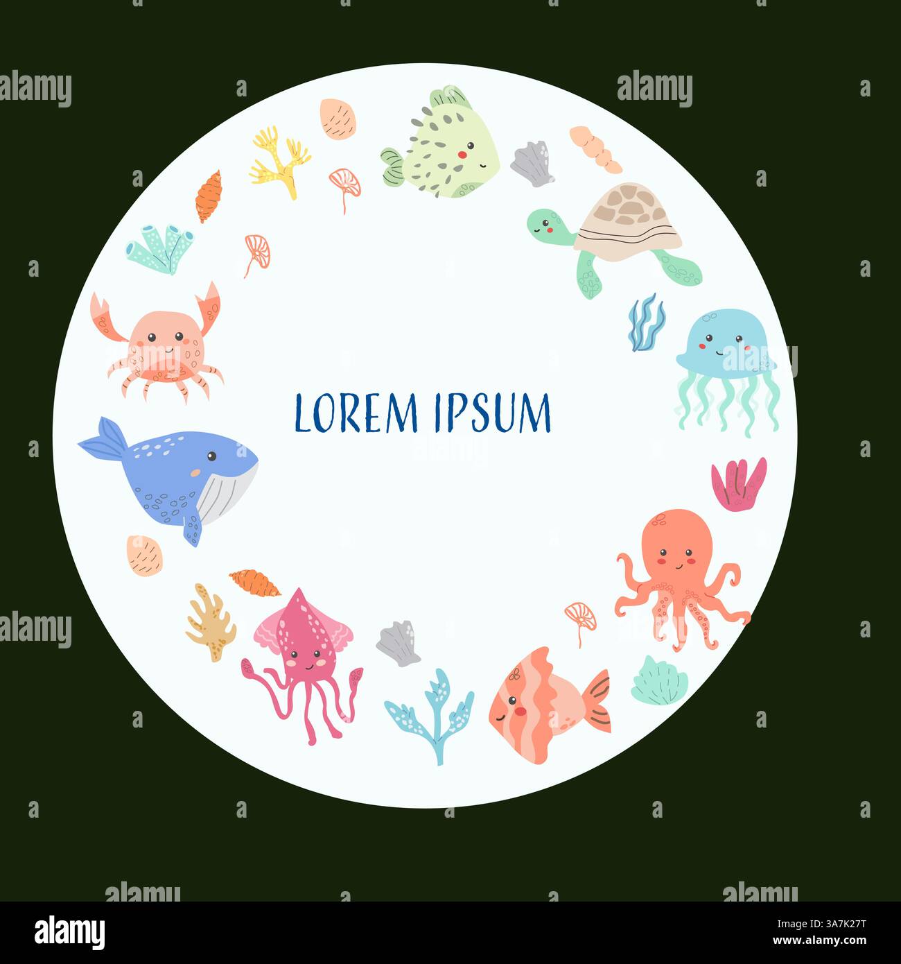 Marine-themed cartoon creatures frame with crab, turtle, jellyfish, and ...