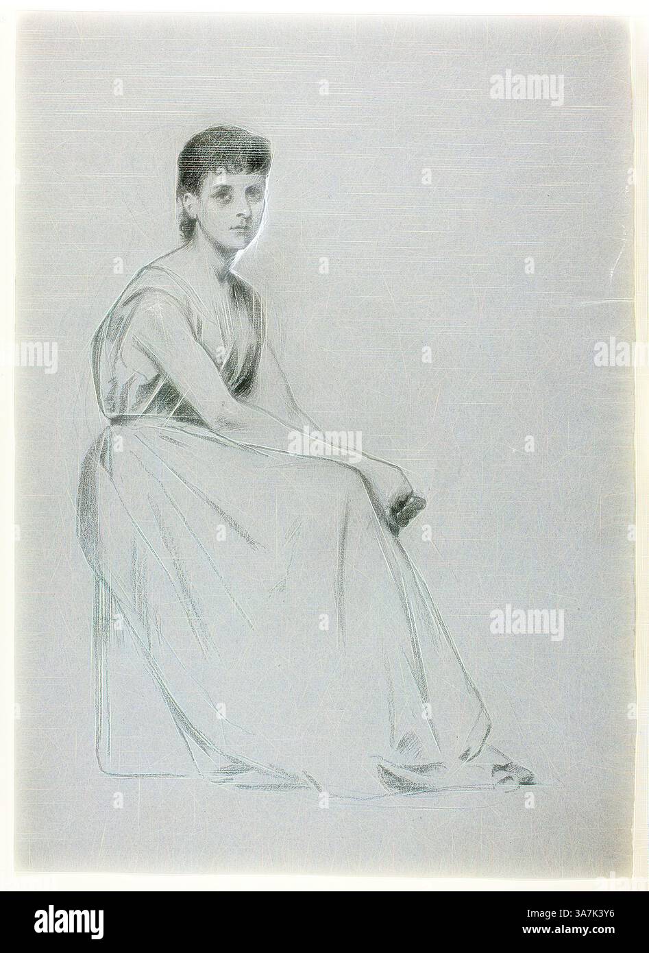 A seated figure draped in a flowing garment gazes thoughtfully ...