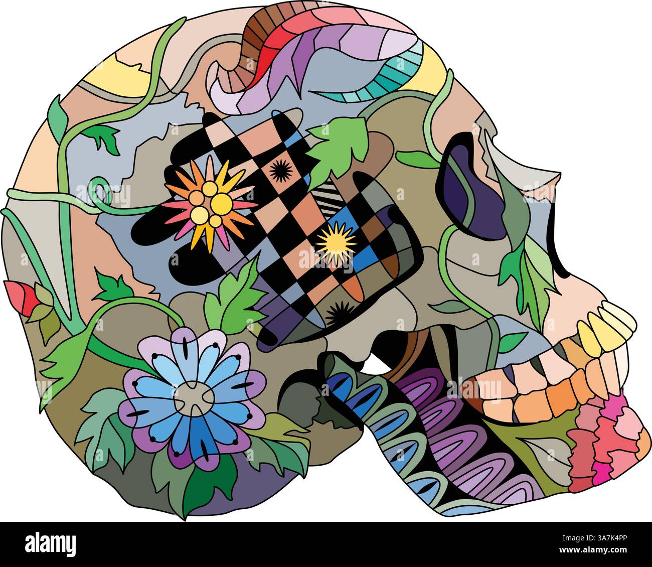 Sugar skull side view with floral ornament illustration Stock Vector Image & Art - Alamy