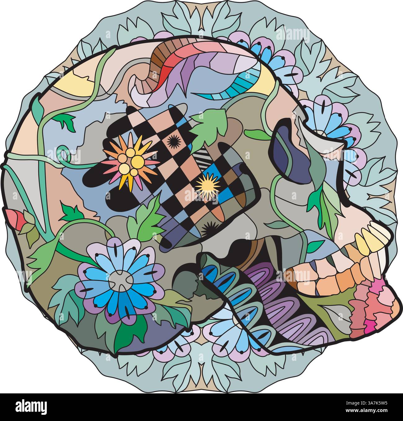 Sugar skull side view on mandala with floral ornament illustration ...