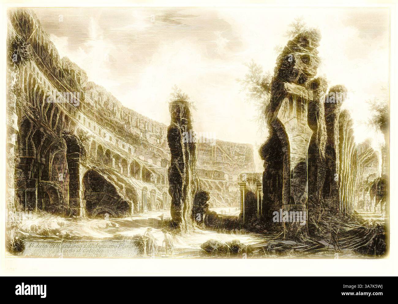 An ancient coliseum, partially in ruins, is overtaken by nature with ...