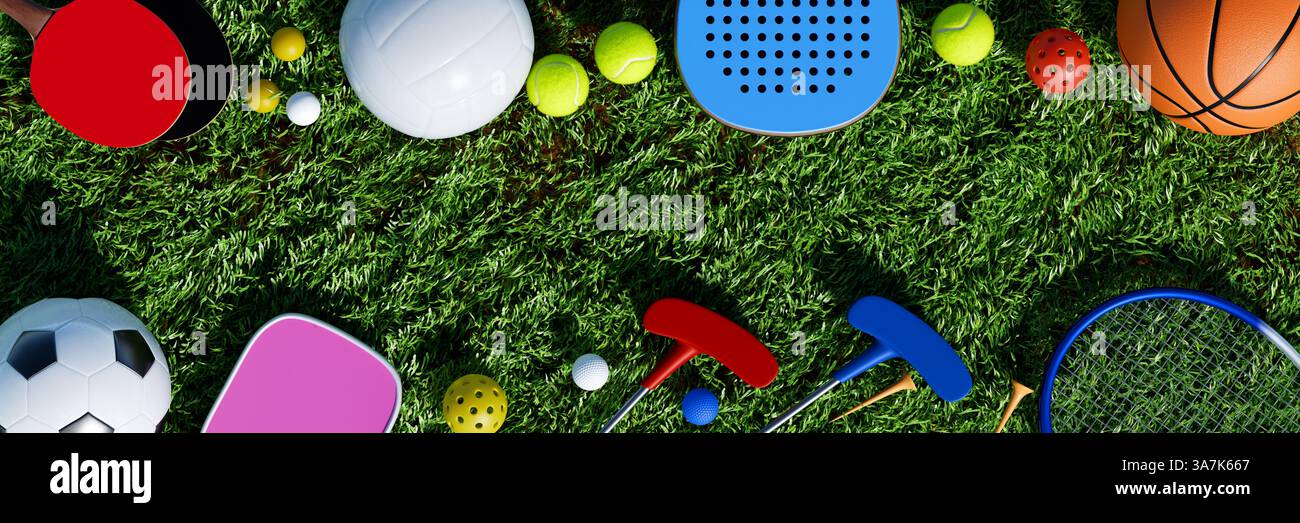 Colorful sports balls and rackets arranged on grass, perfect for ...