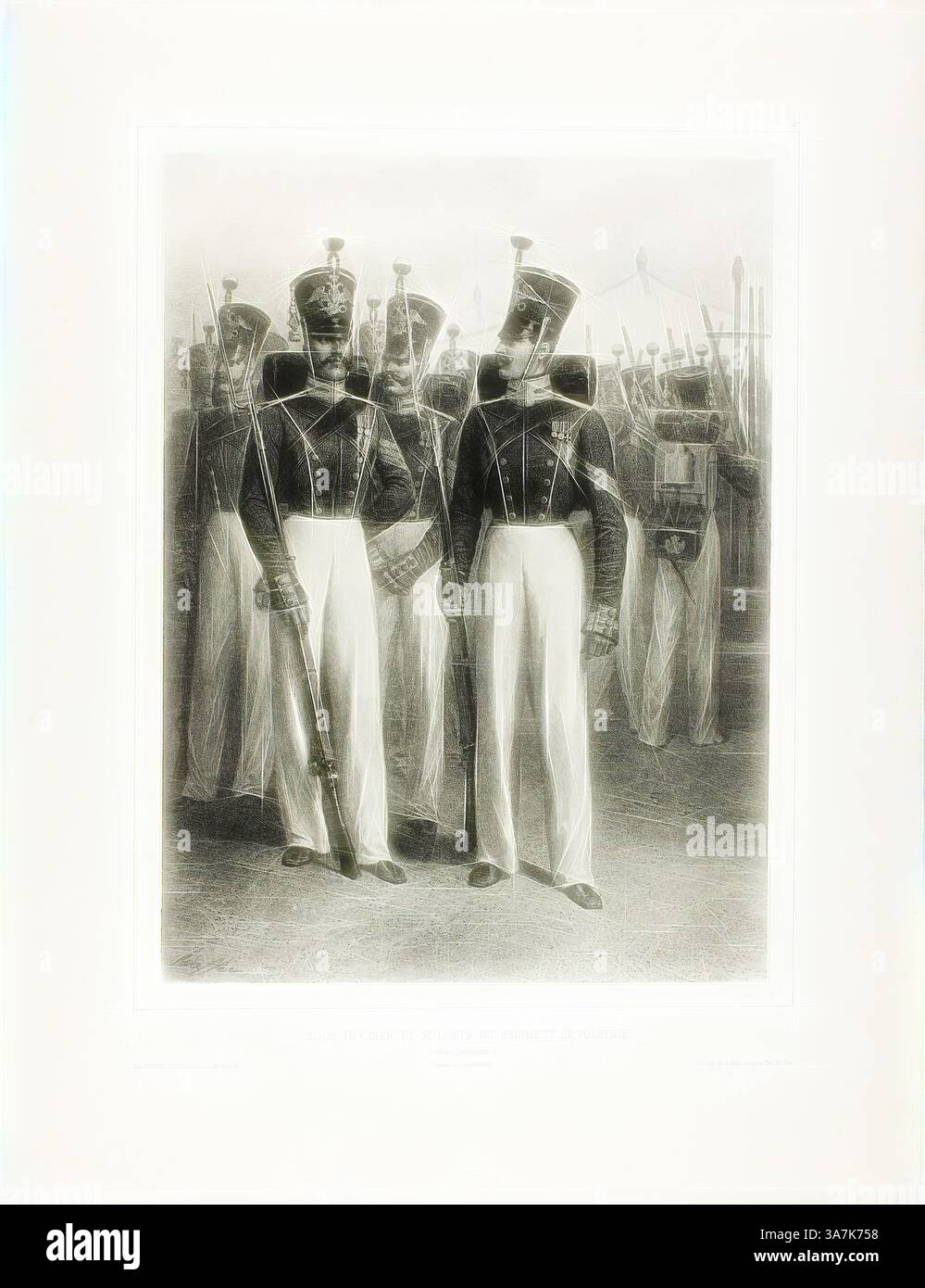 A group of soldiers stands at attention, dressed in distinctive ...