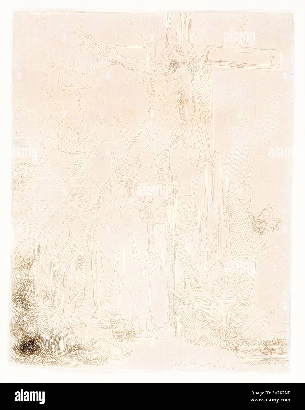 A poignant scene depicting the crucifixion, with figures surrounding the cross. The central ...