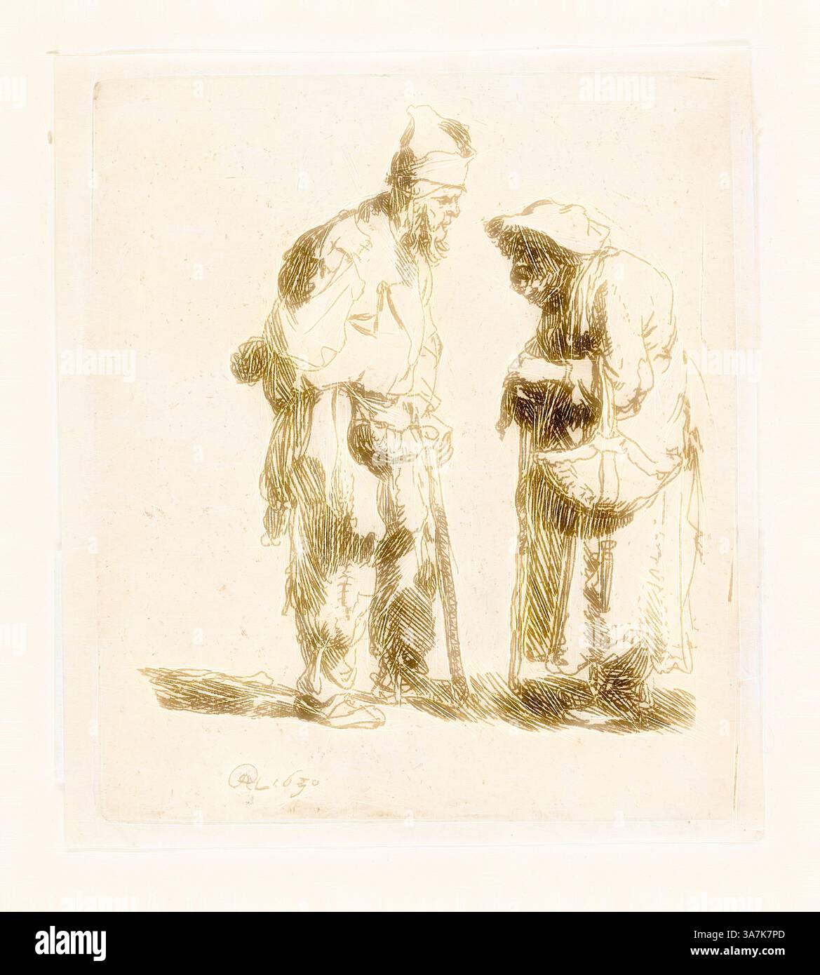 Two elderly figures, dressed in worn garments, lean toward each other ...