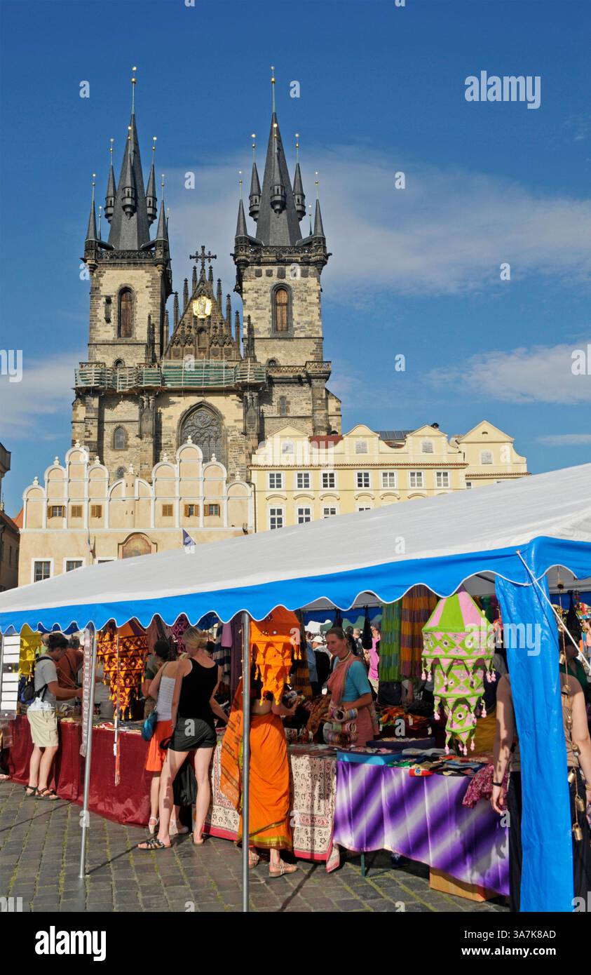 market stalls in Old Town Square and church of our Lady before Tyn Tyn ...