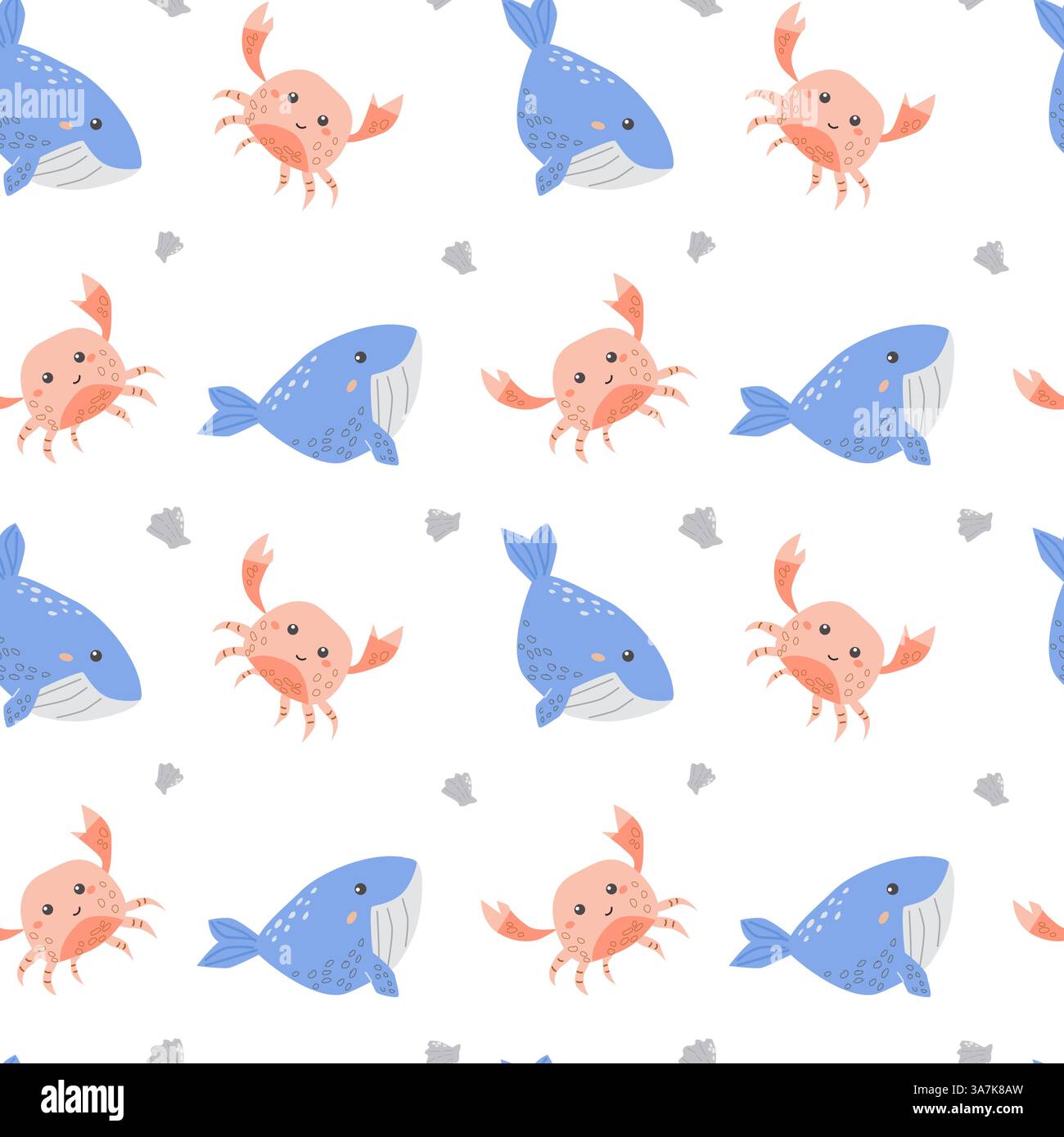 Cute whale and crab seamless pattern with cartoon sea creatures in blue ...