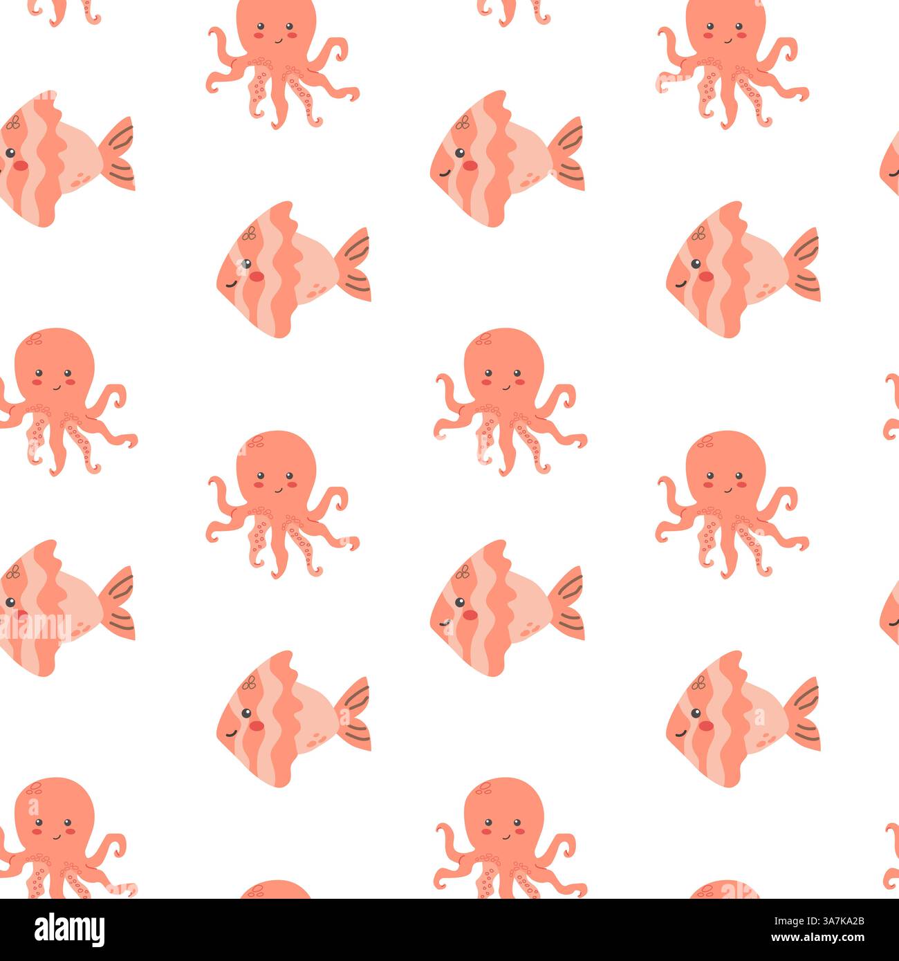 Cute sea creatures pattern featuring smiling octopuses and fish Stock ...