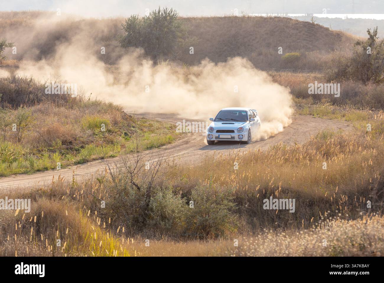 Sunny summer day in the steppe region. White sports car on a sharp turn ...