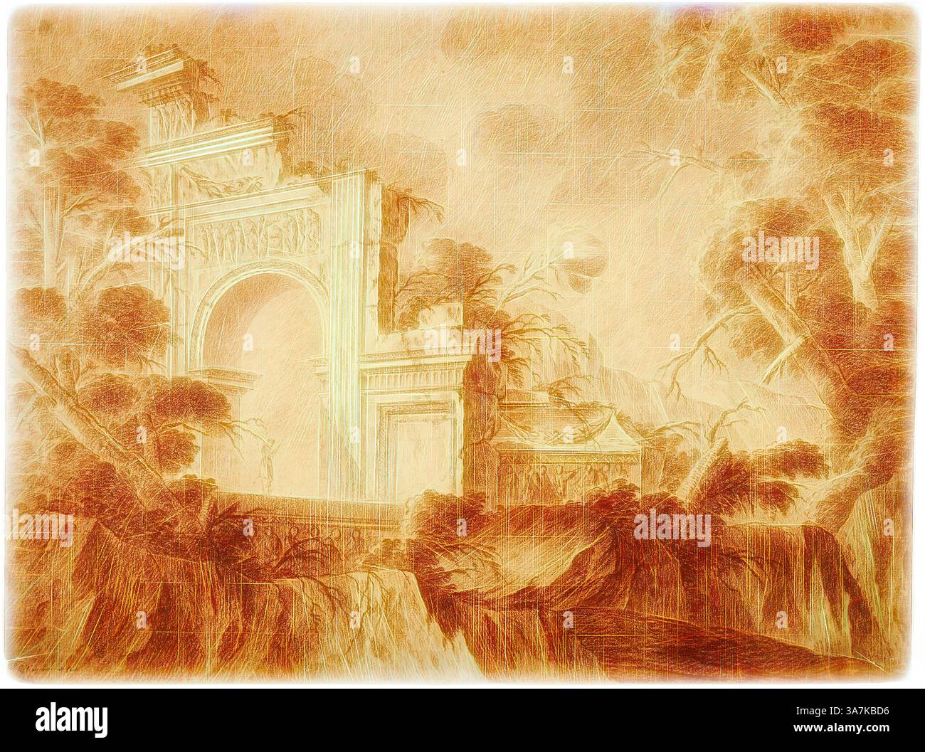 An ethereal landscape featuring ancient ruins intertwined with lush ...