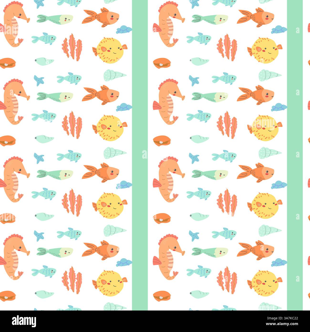 Colorful sea creatures pattern with fish, seahorses, and shells on a ...