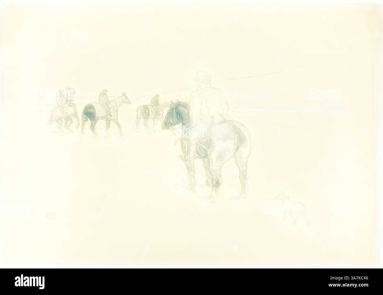 The scene depicts a group of riders on horseback traversing an open ...