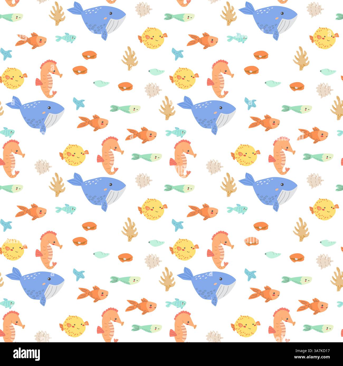 Colorful underwater pattern with whales, fish, seahorses, and coral ...