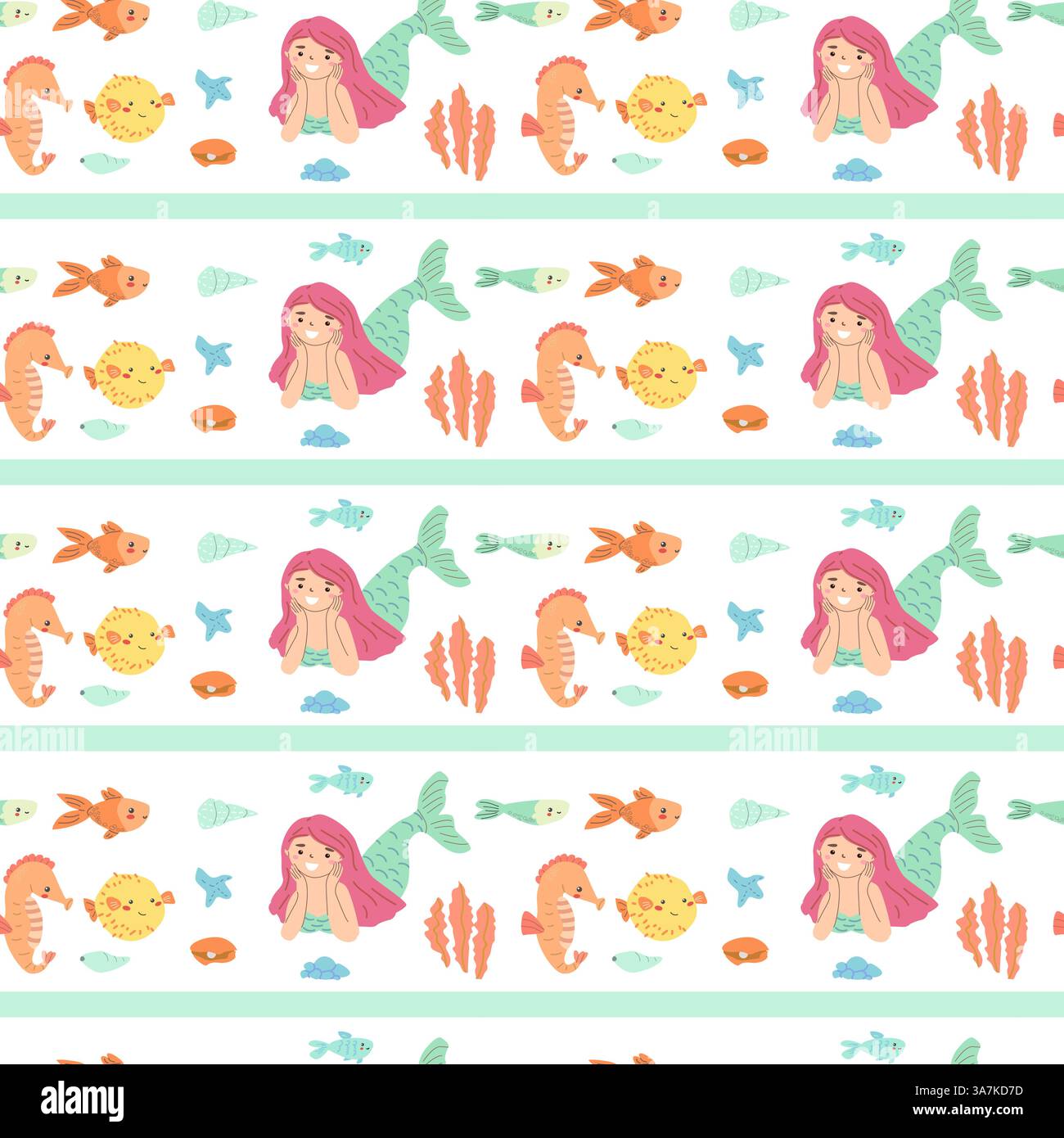 Cute seamless pattern with mermaids, seahorses, fish, and seaweed Stock ...