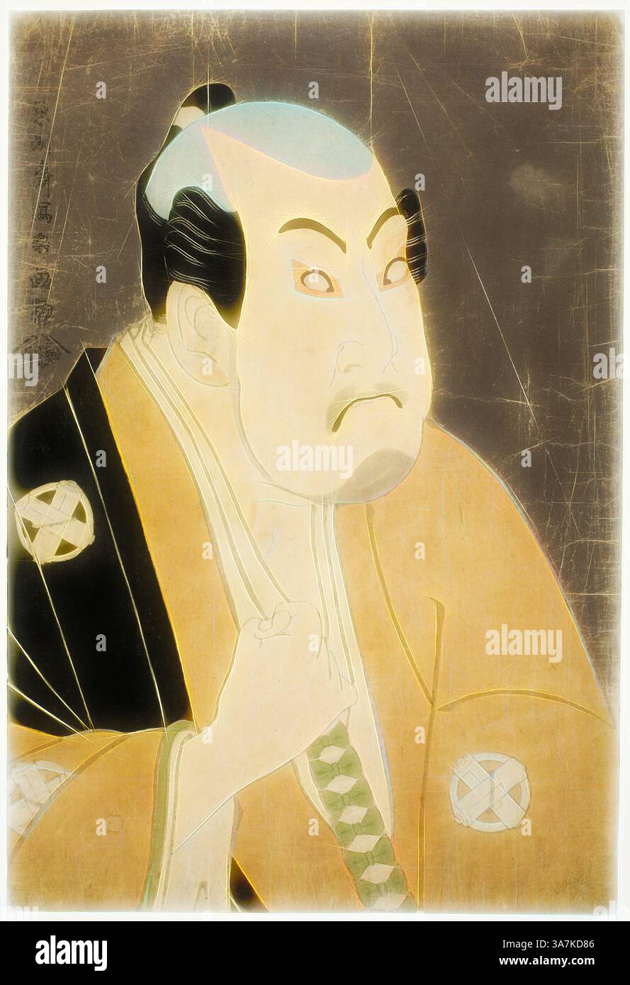 A stern figure with an intense expression, adorned in traditional ...