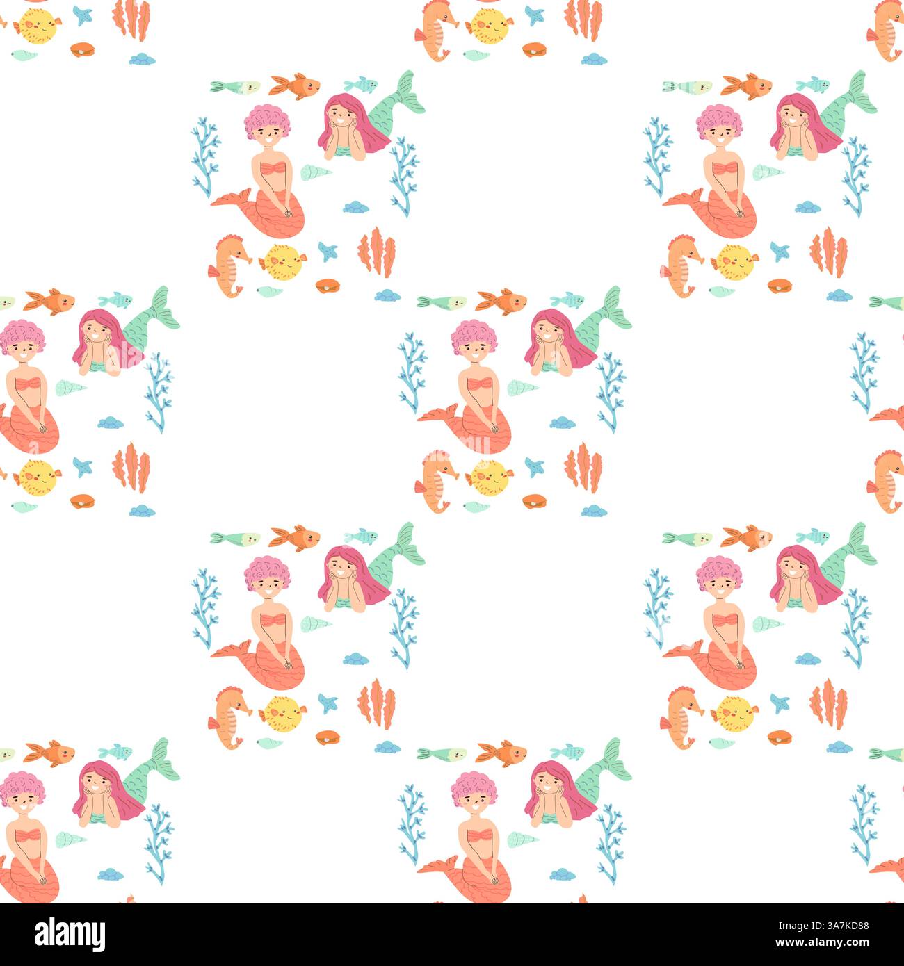 Seamless underwater pattern with mermaids, fish, and sea plants in ...