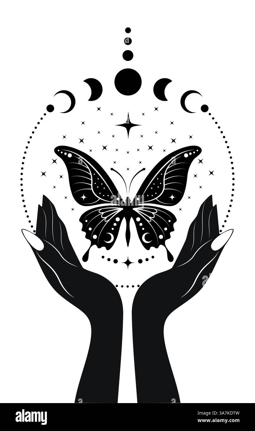 Mystical Moon Phases and sacred butterfly in hands of fortune teller ...