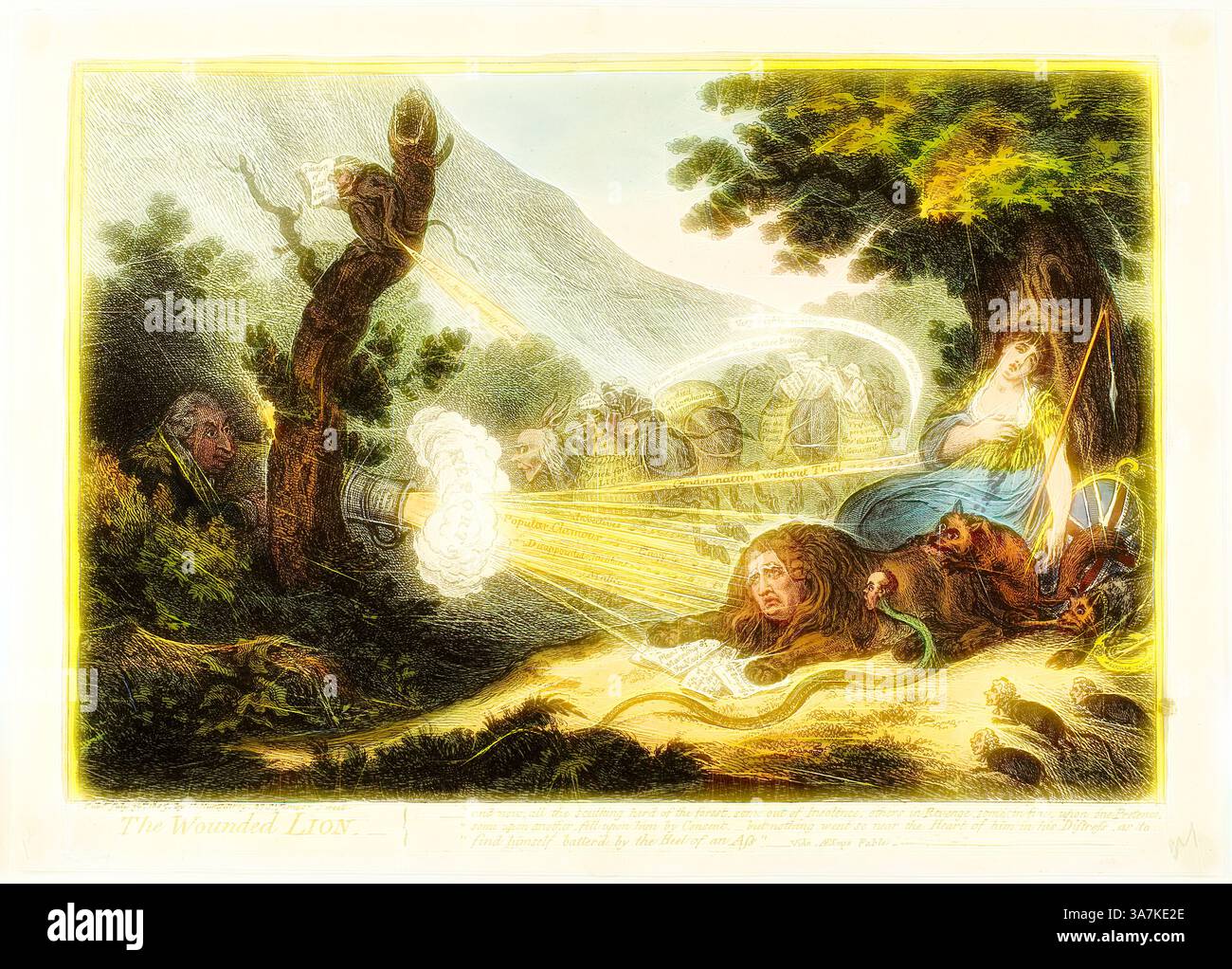 A dramatic scene depicting a wounded lion amid a forest setting, where ...