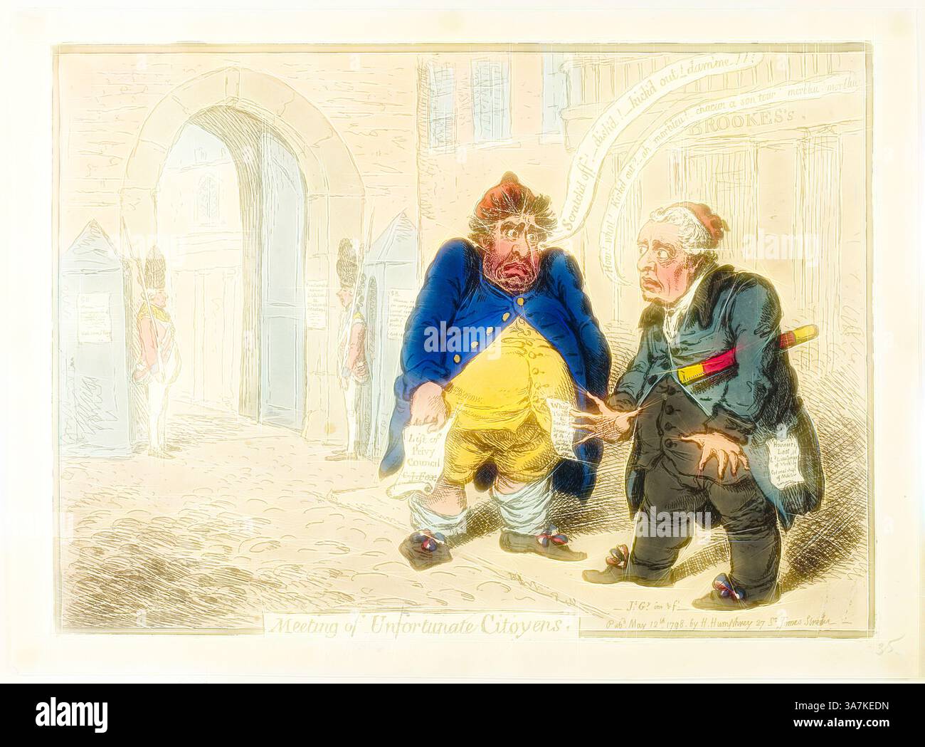 Two portly gentlemen stand in a narrow street, engaged in a heated ...