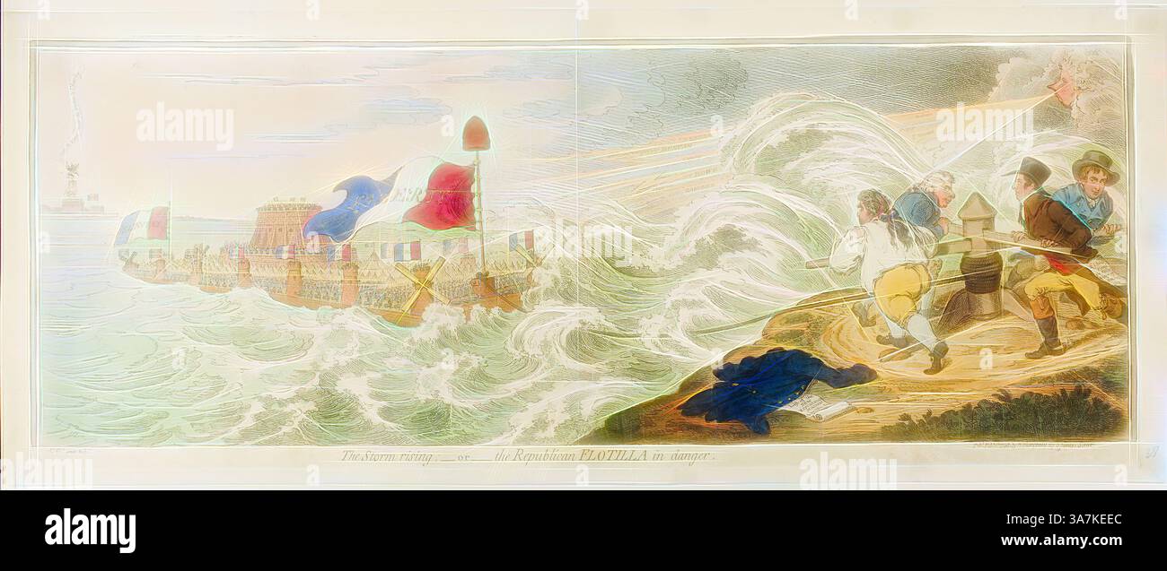 A dramatic maritime scene featuring ships braving tumultuous waves, with sailors engaged in ...