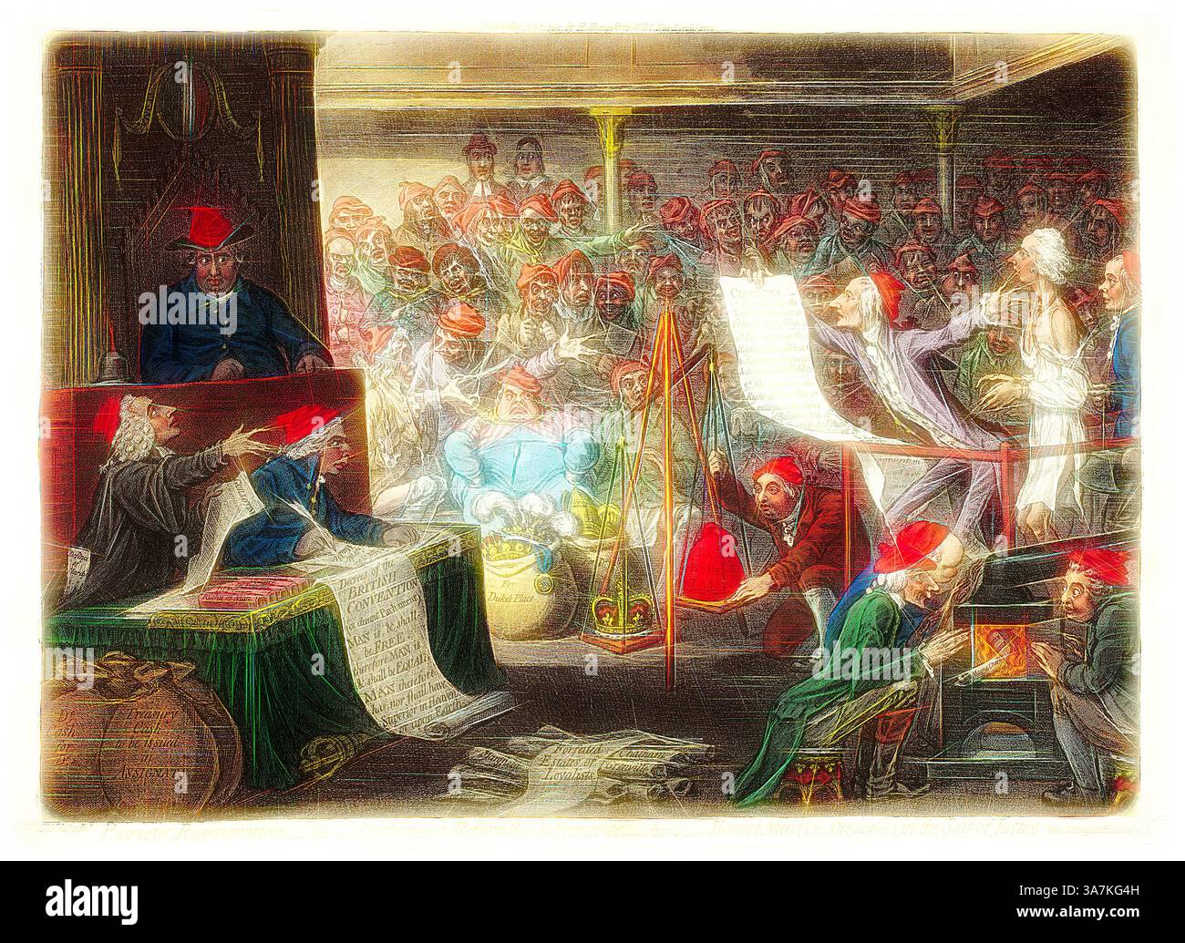 A lively courtroom scene filled with a diverse crowd, where judges and ...