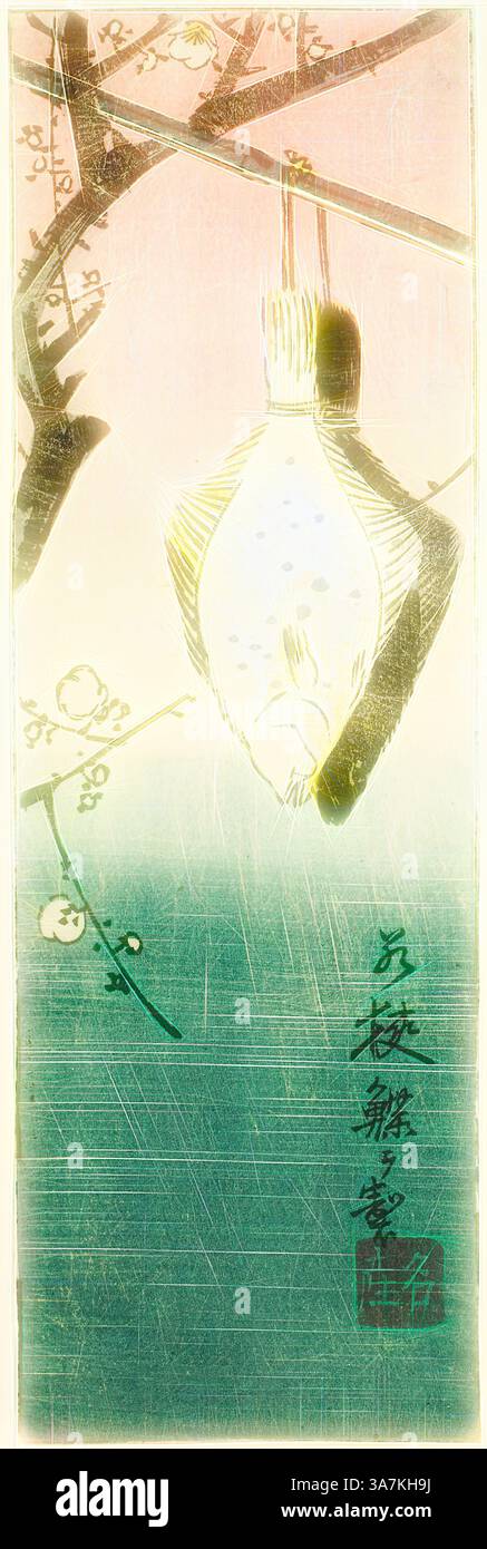 A delicate illustration features a fish suspended by a hook, surrounded by stylized branches and ...