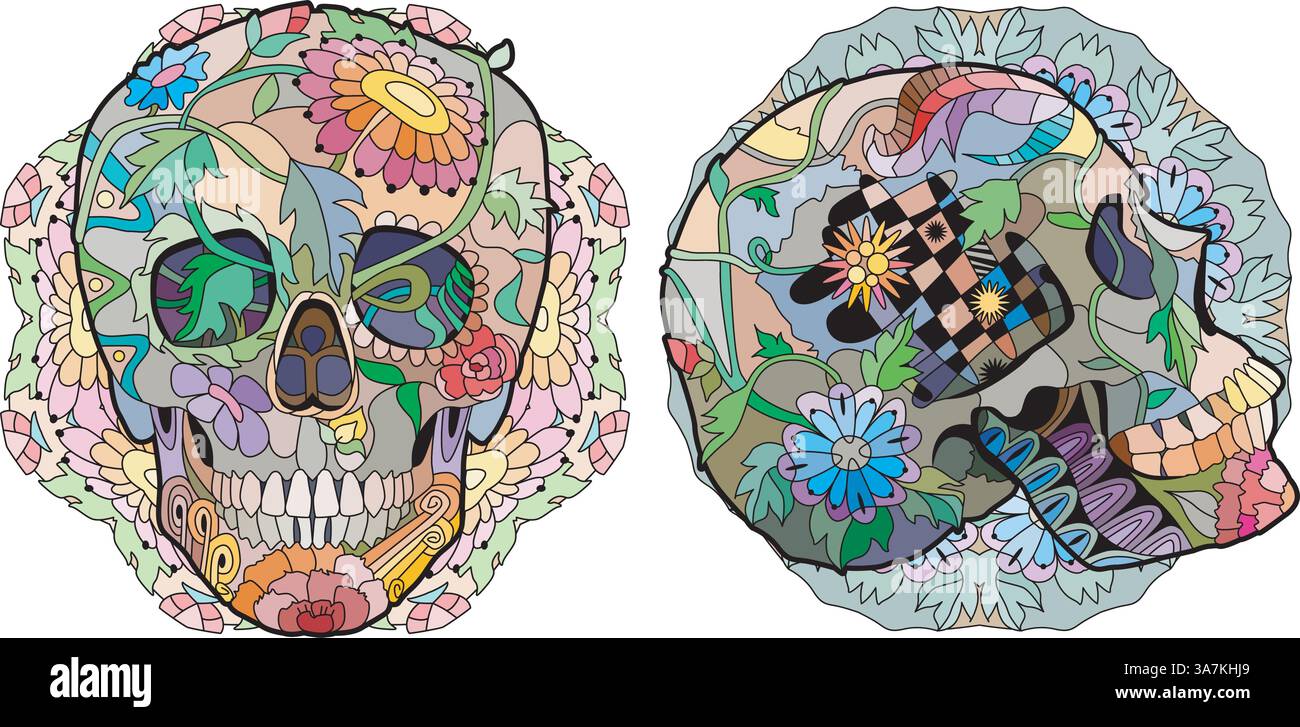 Two skulls side view and front view on mandala with floral ornament illustration. Color and ...