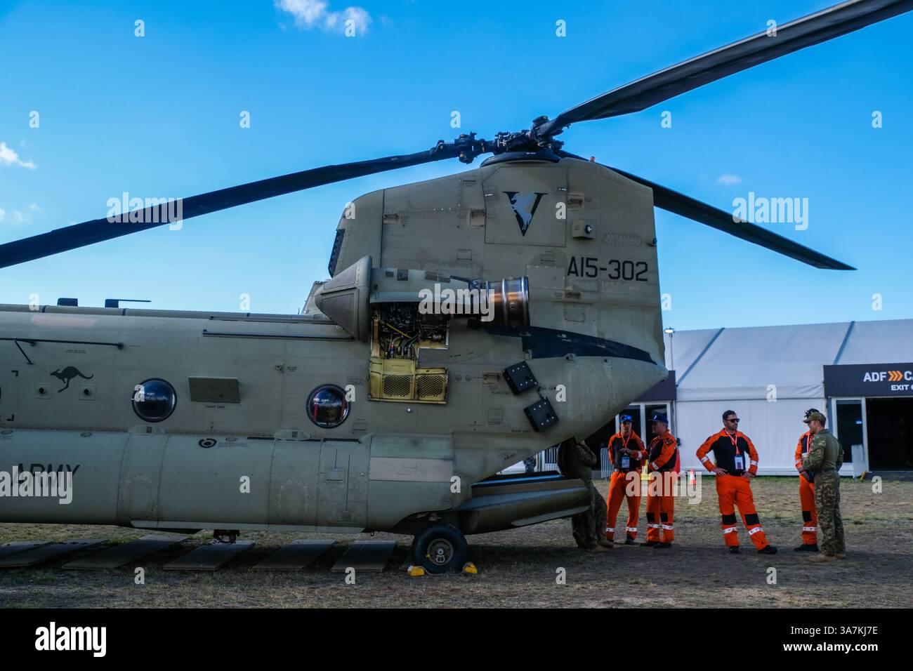Tail end of Boeing CH-47F Chinook military transport tandem-rotor ...