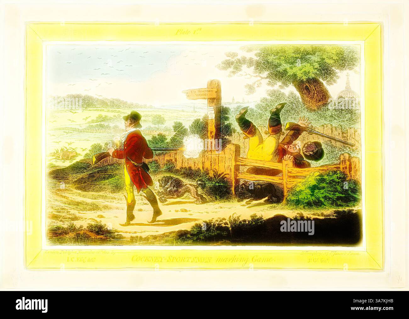 A whimsical scene depicts a sportsman walking past a dramatic tableau ...