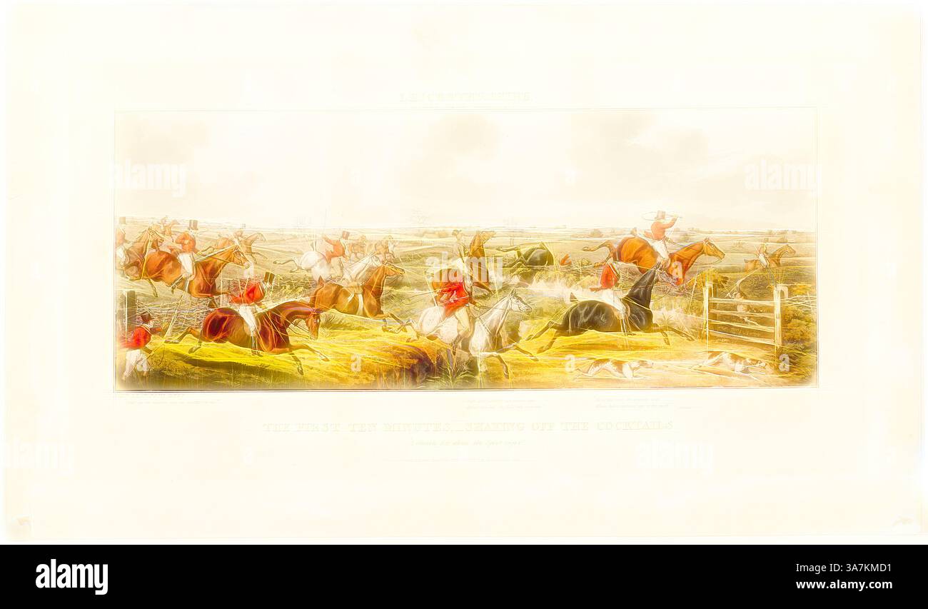 A lively scene depicting a group of horsemen in bright red attire ...