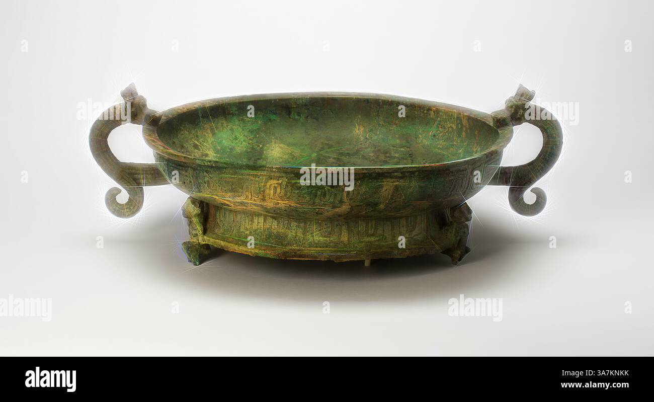 An intricately designed ancient vessel features ornate handles and a ...