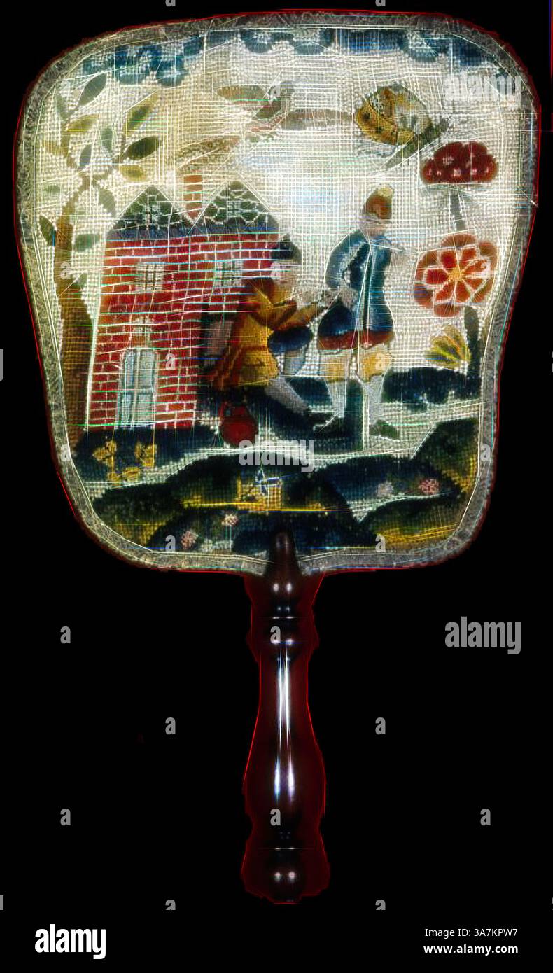 A decorative hand fan featuring a whimsical scene with a house, trees ...