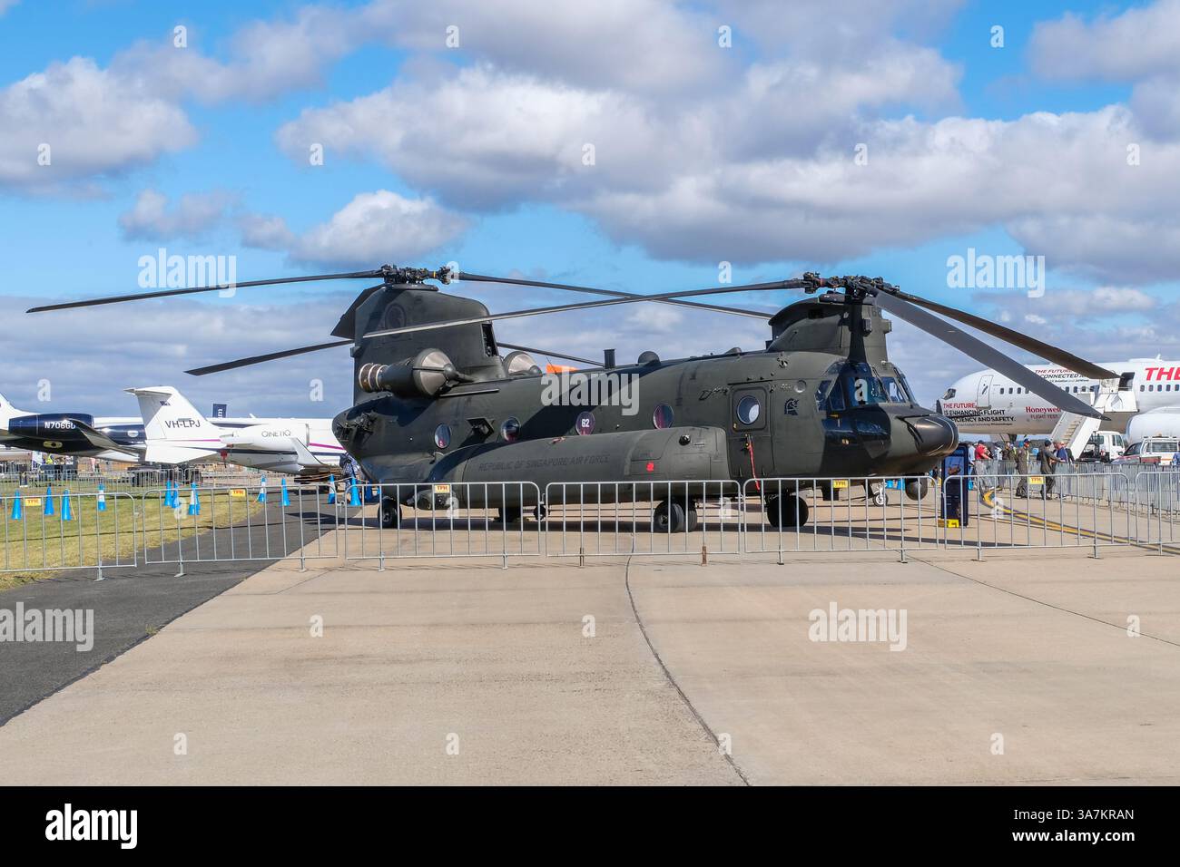 Boeing CH-47 Chinook, a tandem-rotor helicopter is seen at the outdoor ...