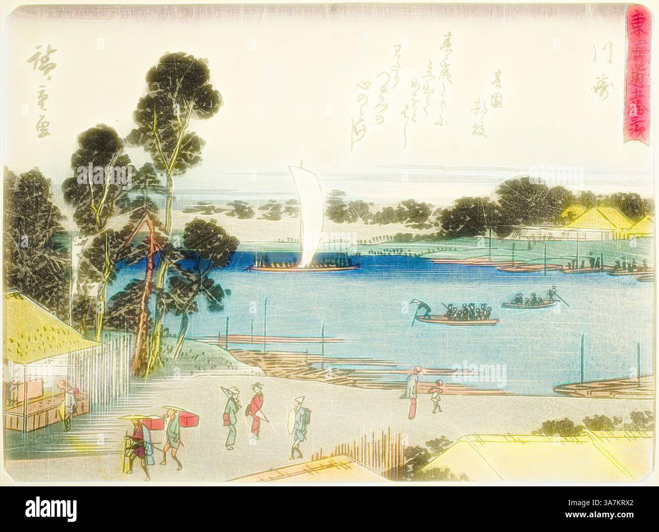 A serene riverside scene featuring traditional Japanese figures in ...