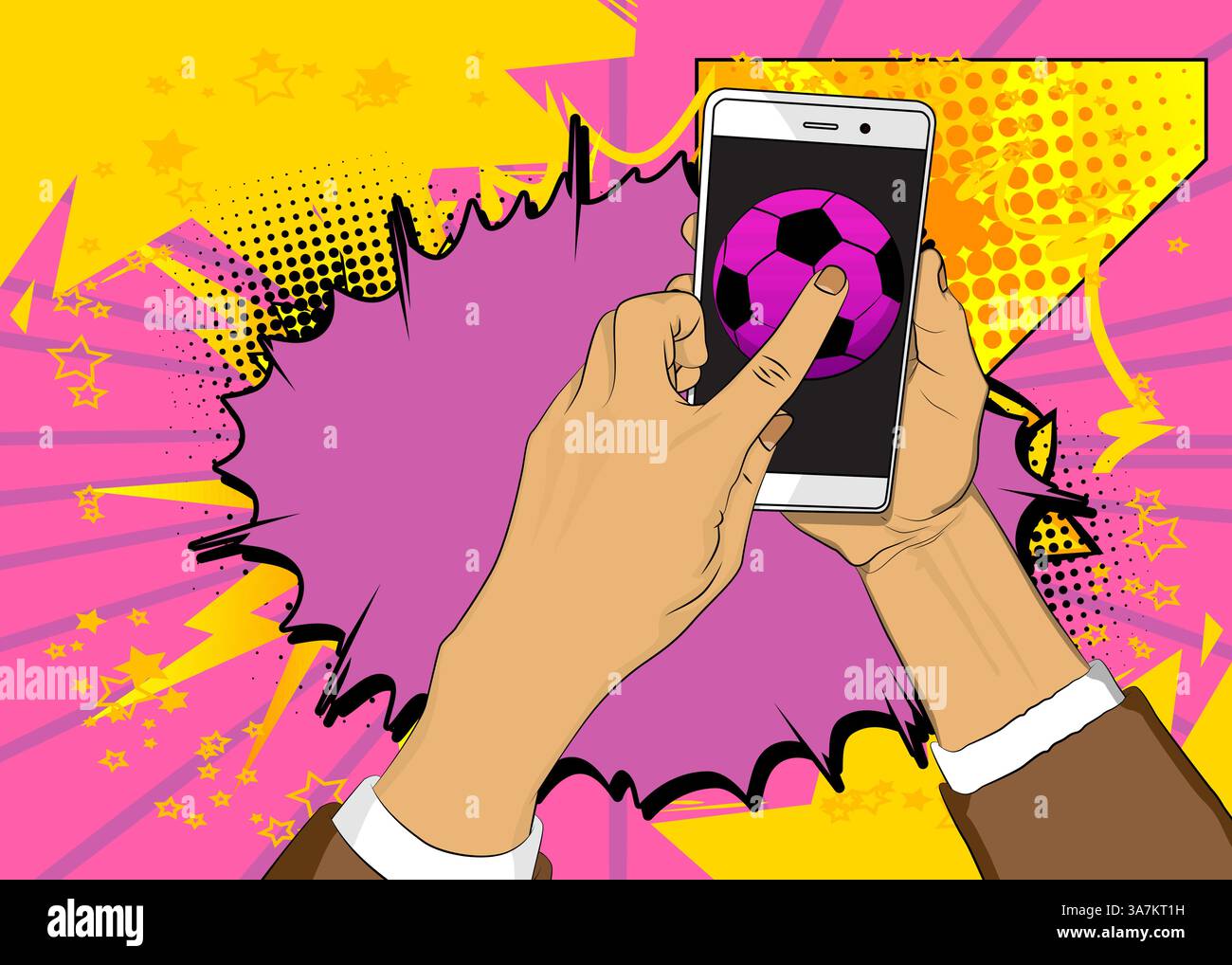 Cartoon Smartphone, comic book Telephone with Soccer Ball. Retro vector ...