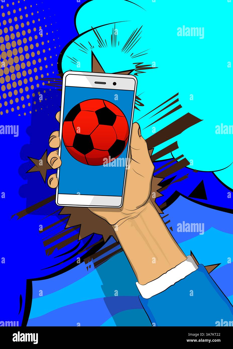 Cartoon Smartphone, comic book Telephone with Soccer Ball. Retro vector ...