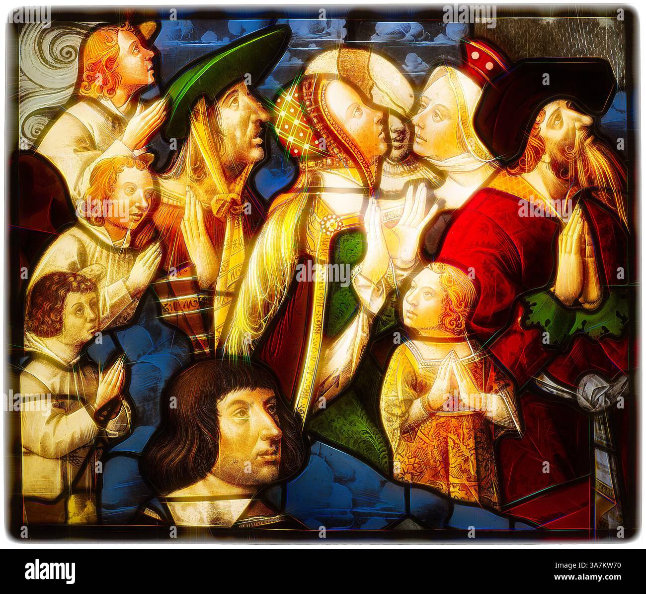 An intricate scene depicting a group of figures engaged in prayer and ...