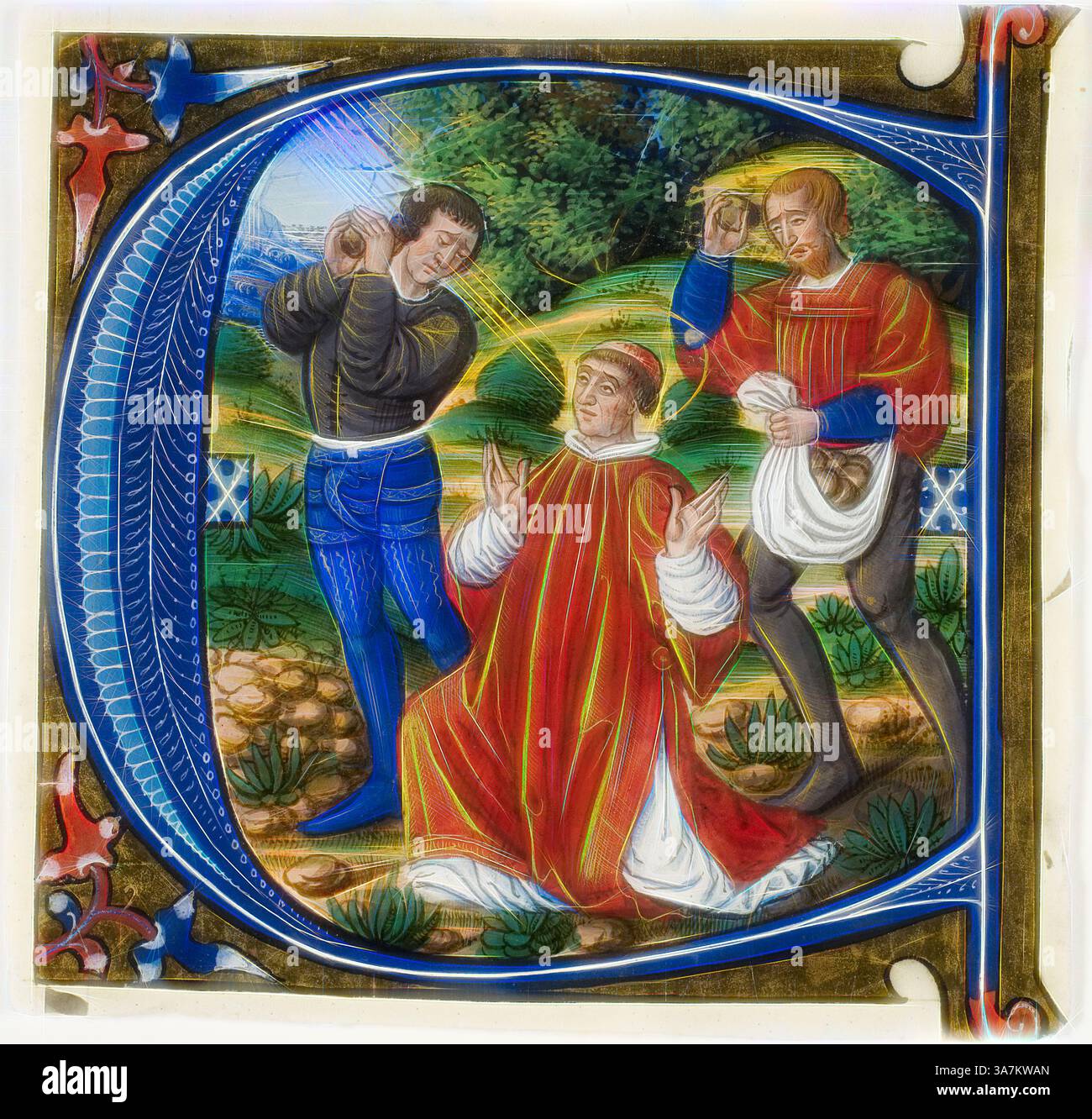 A regal figure, dressed in a flowing red robe, kneels in a grassy ...